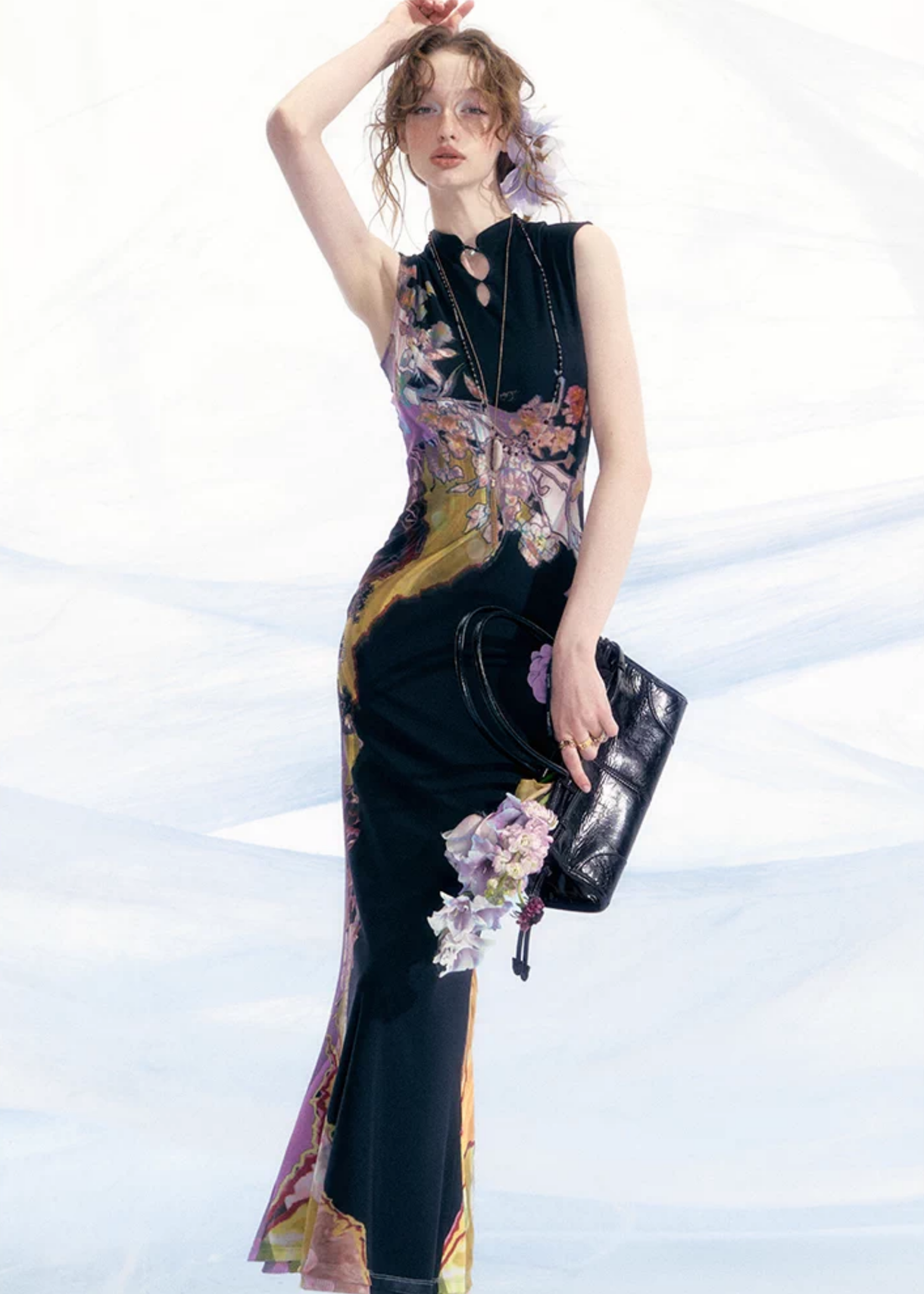 Li Meng 李梦 Plum Dream New Chinese Style Tricolor Print Sleeveless Qipa ...